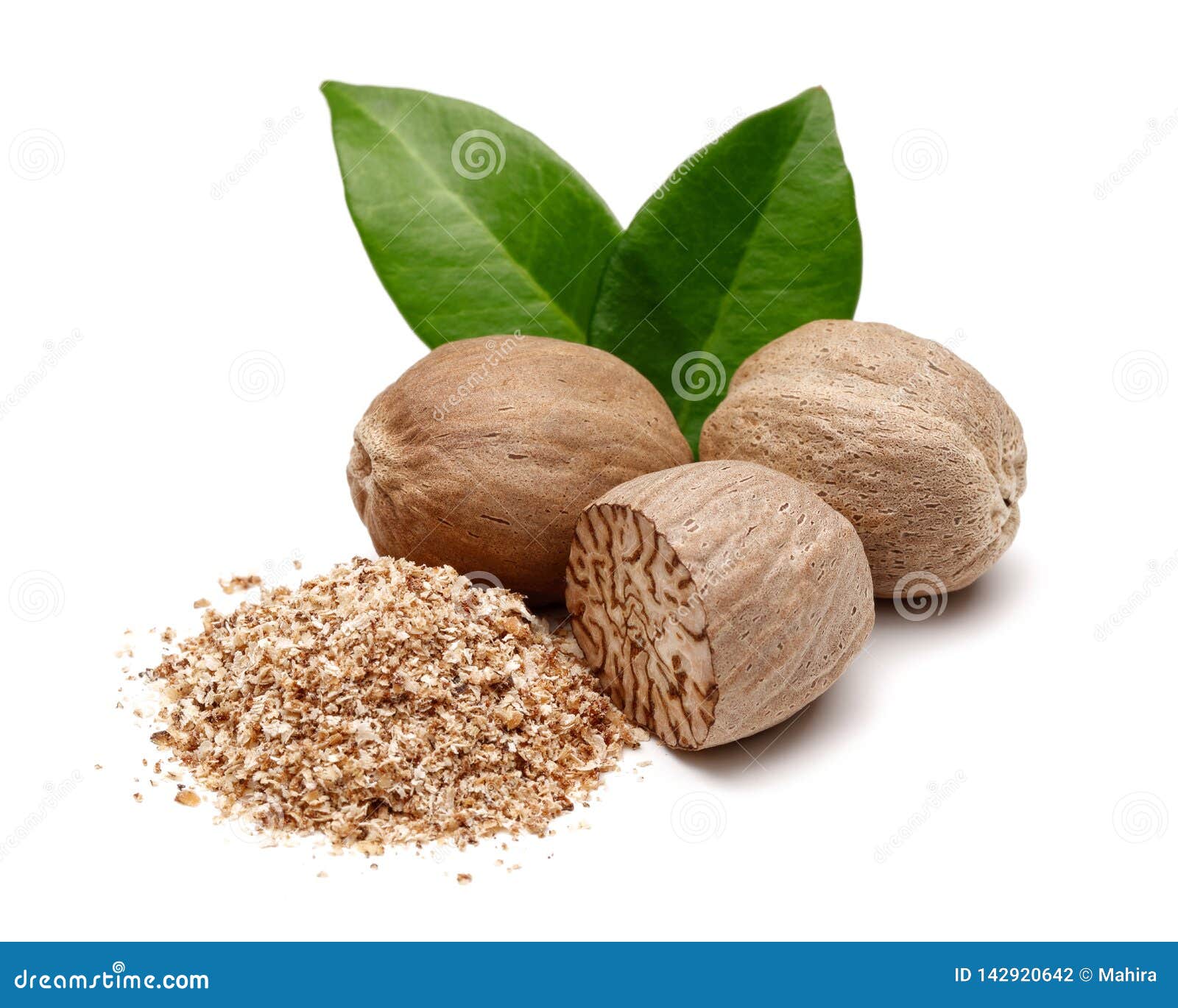 Whole and Grated Nutmeg with Leaves Isolated Stock Photo - Image of ...