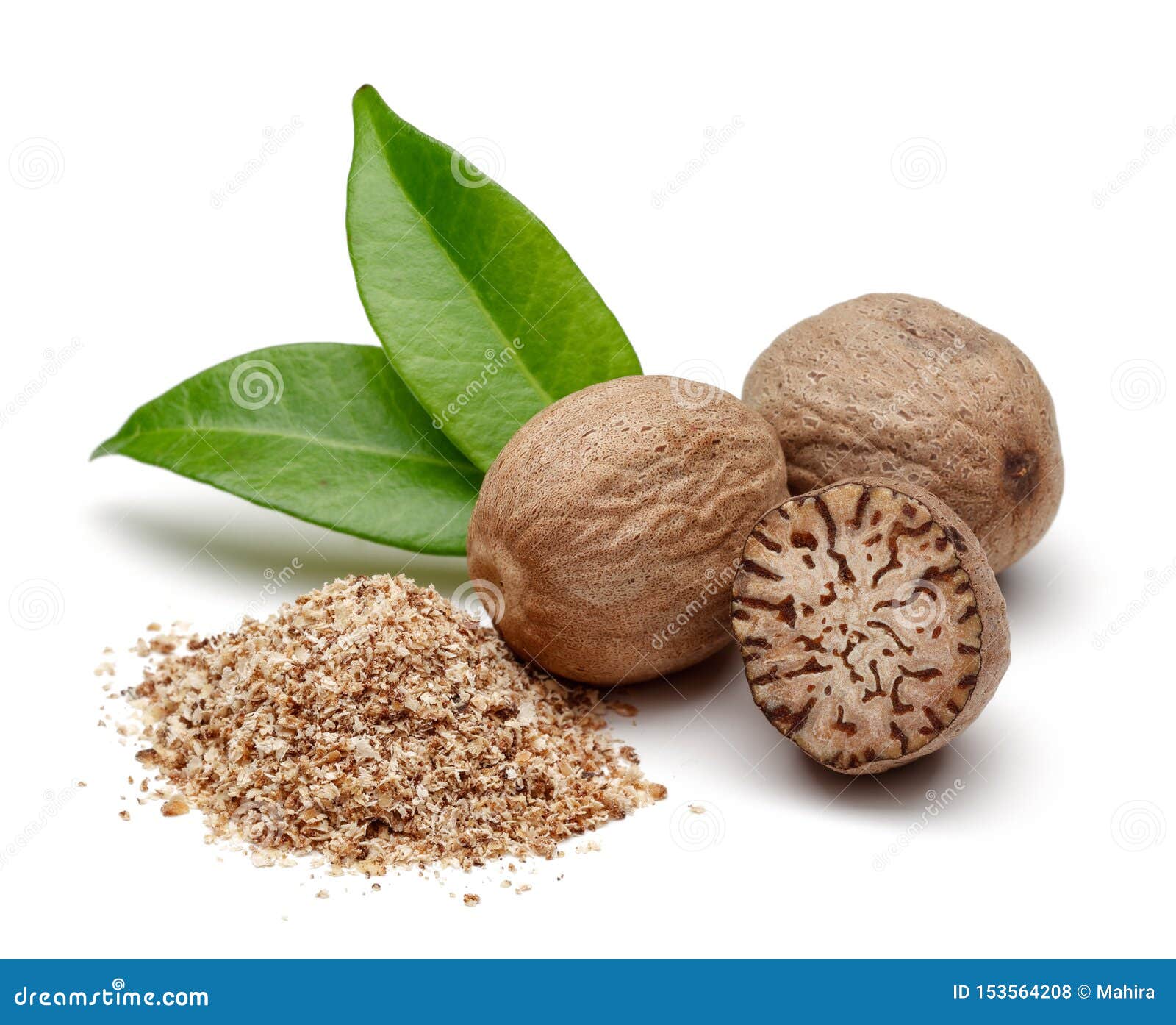 Whole and Grated Nutmeg with Leaves Isolated Stock Photo - Image of ...