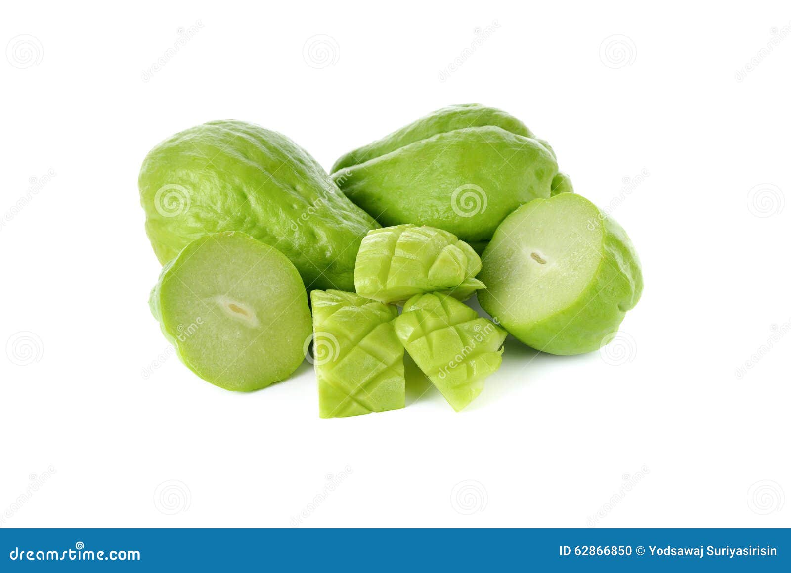 Whole and Half Cut Fresh Chayote on White Stock Photo - Image of object ...