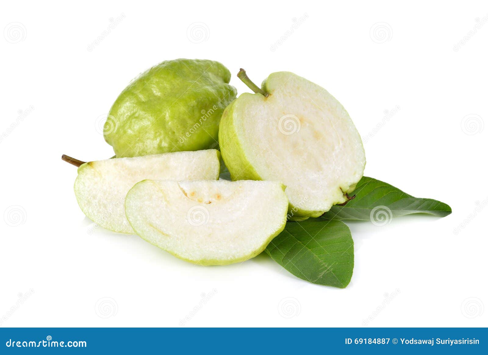 Whole and Half Cut Fresh Guava with Leaves on White Stock Image - Image ...