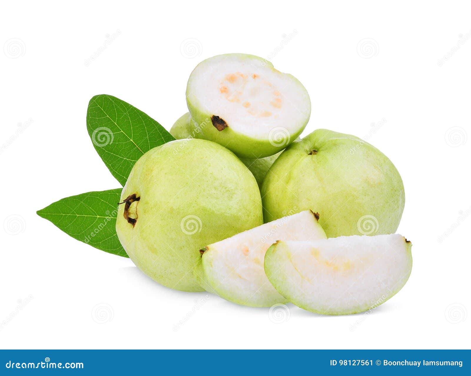 Whole and Half Guava Fruit with Green Leaf on White Stock Image - Image ...