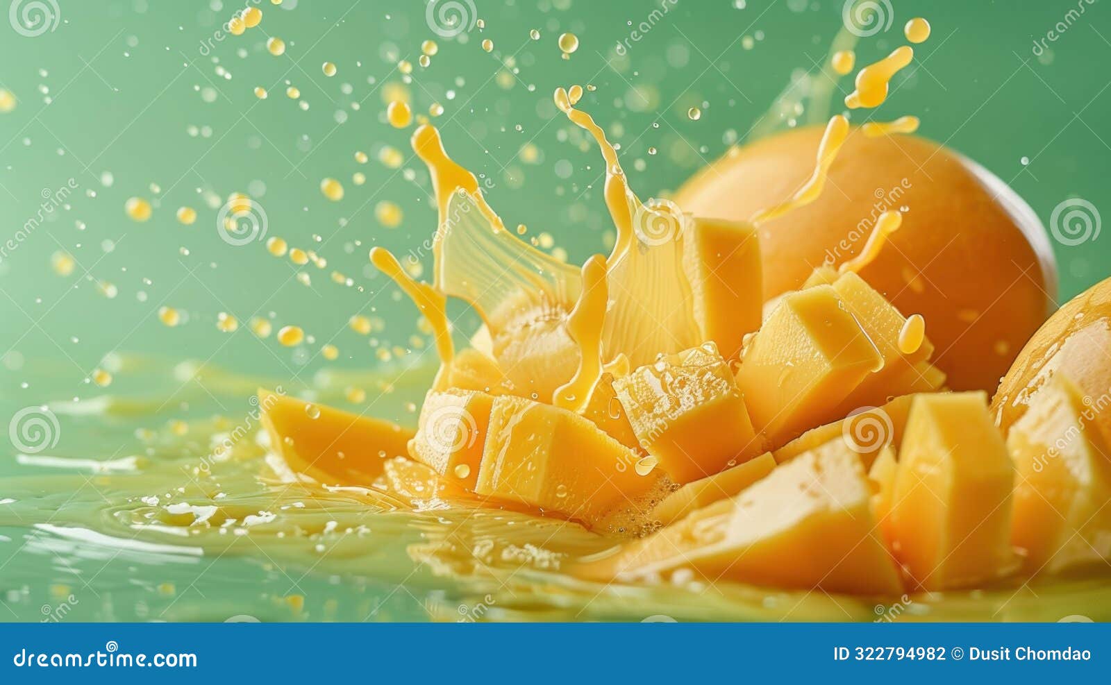 Whole Mango Fruit and Split Mango Fruit with a Splash of Mango Juice on ...