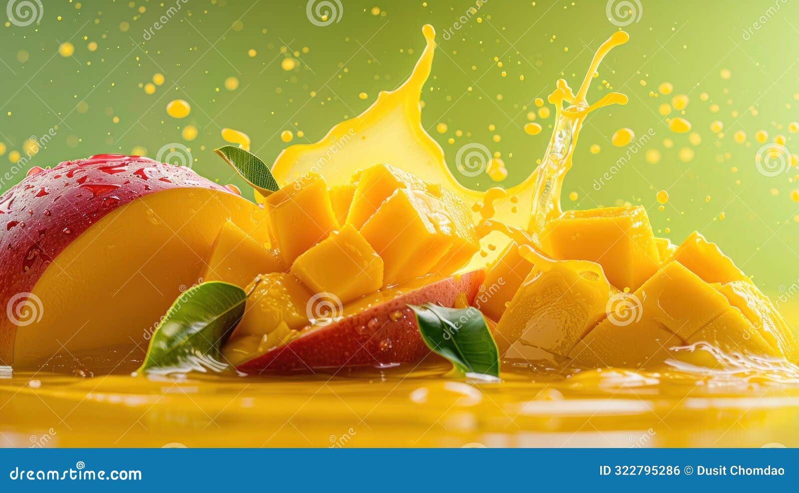 Whole Mango Fruit and Split Mango Fruit with a Splash of Mango Juice on ...