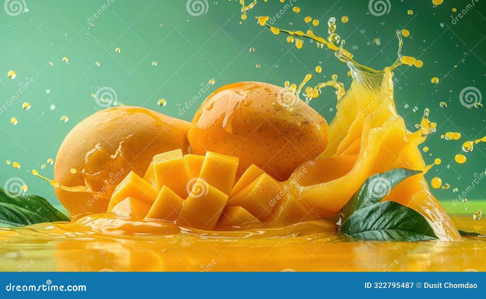Whole Mango Fruit and Split Mango Fruit with a Splash of Mango Juice on ...
