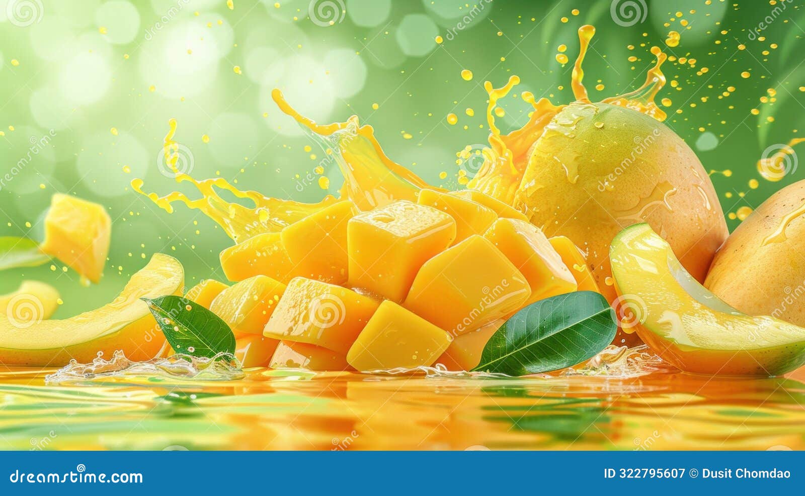 Whole Mango Fruit and Split Mango Fruit with a Splash of Mango Juice on ...