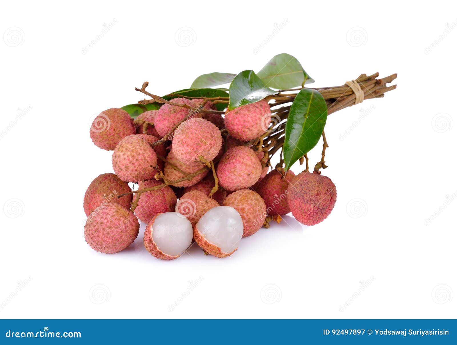 Whole and Peeled Lychee Fruit with Stem and Leaves on White Back Stock ...
