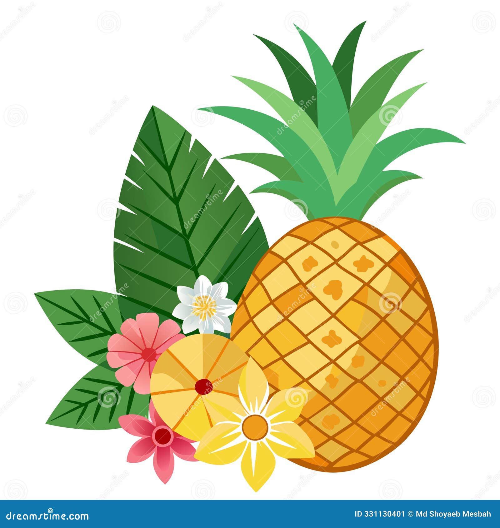 Whole Pineapple and Cut in Half with Tropical Flower Stock Illustration ...
