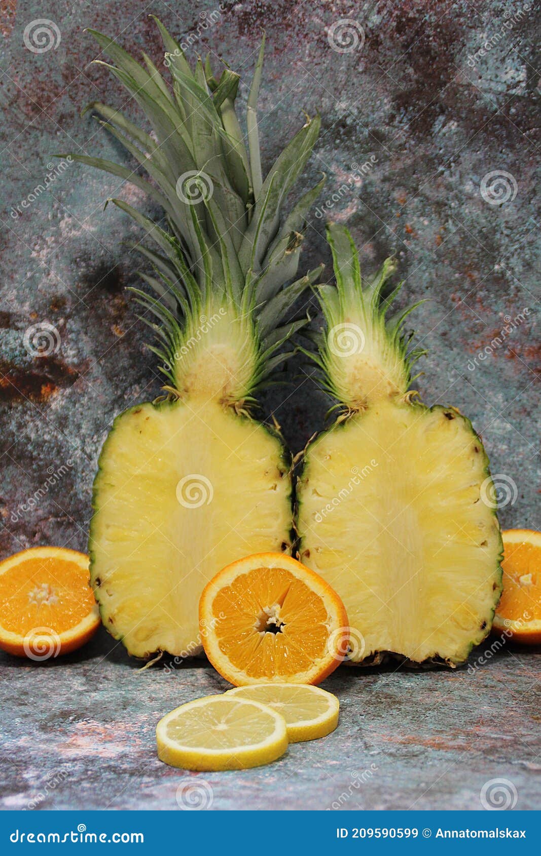 Whole Pineapple Cut in Half, Two Pieces of Pineapple Halves, Vertically ...