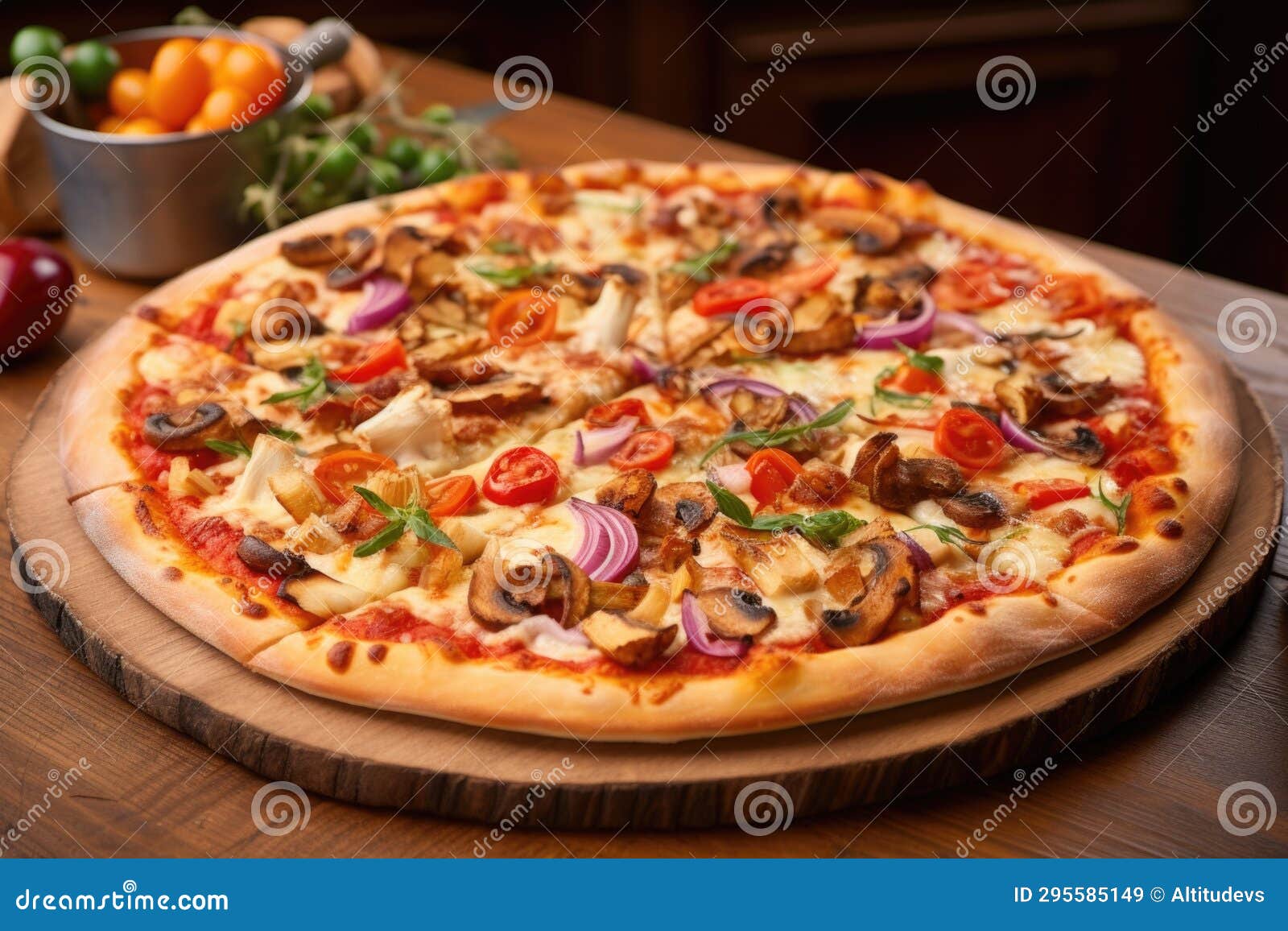 Whole Pizza with Variety of Toppings on Wood Stock Image - Image of ...