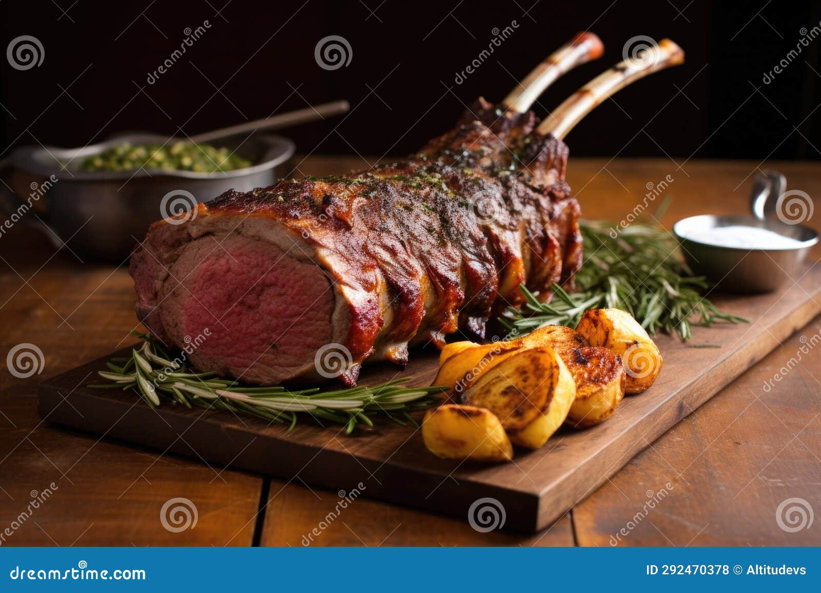 A Whole Lamb, Golden Brown And Succulent, Rotates On A Spit Over A Bed ...