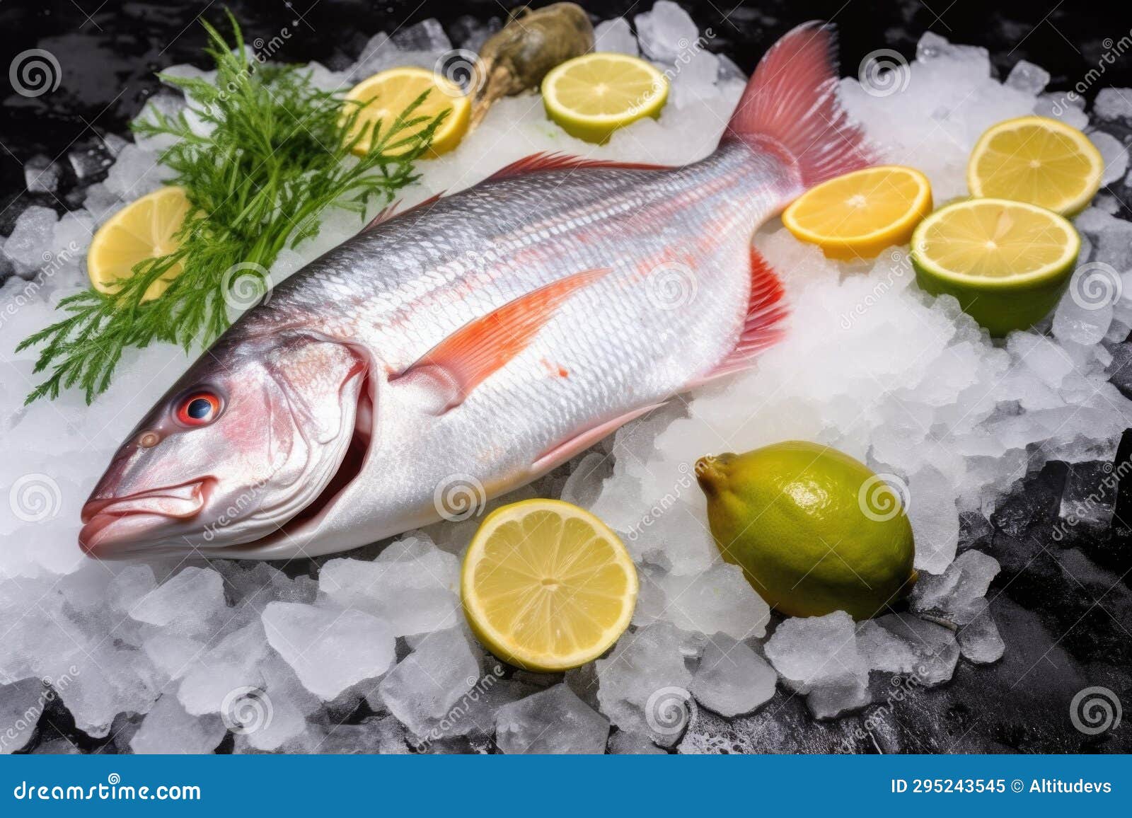 Whole Raw Fish on Ice with Lemon Slices and Herbs Scattered Around ...