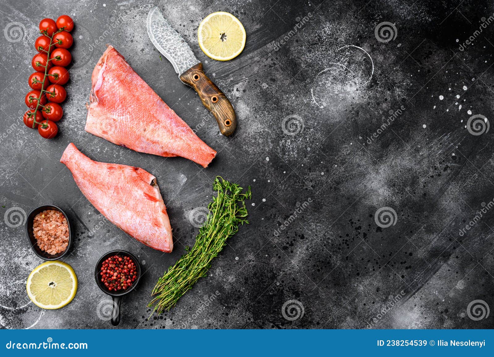 Whole Raw Red Snapper Fish, on Black Dark Stone Table Background, Top ...