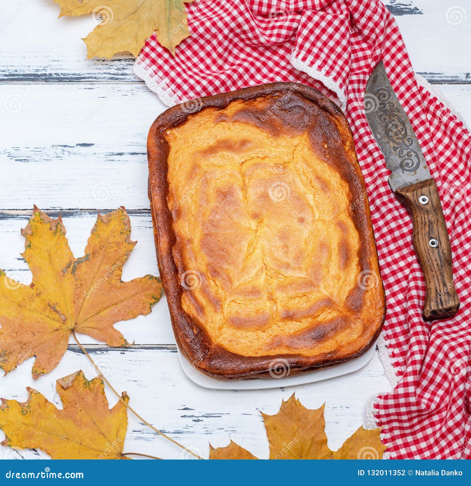 Whole Rectangular Pie of Cottage Cheese and Pumpkin on a White W Stock ...
