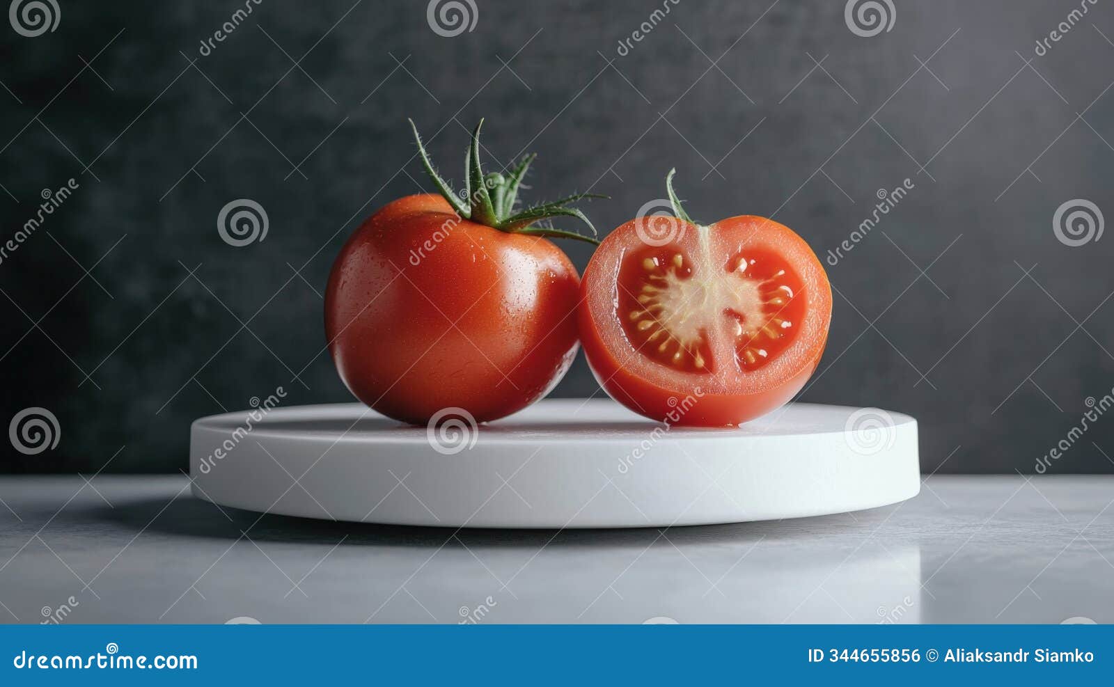 Whole Ripe Tomato and Half Cut on a White Stand with a Gray Background ...