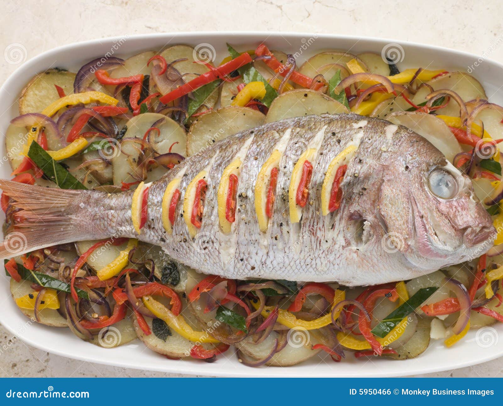 Whole Roasted Bream with Chilies Potatoes Stock Photo - Image of ...