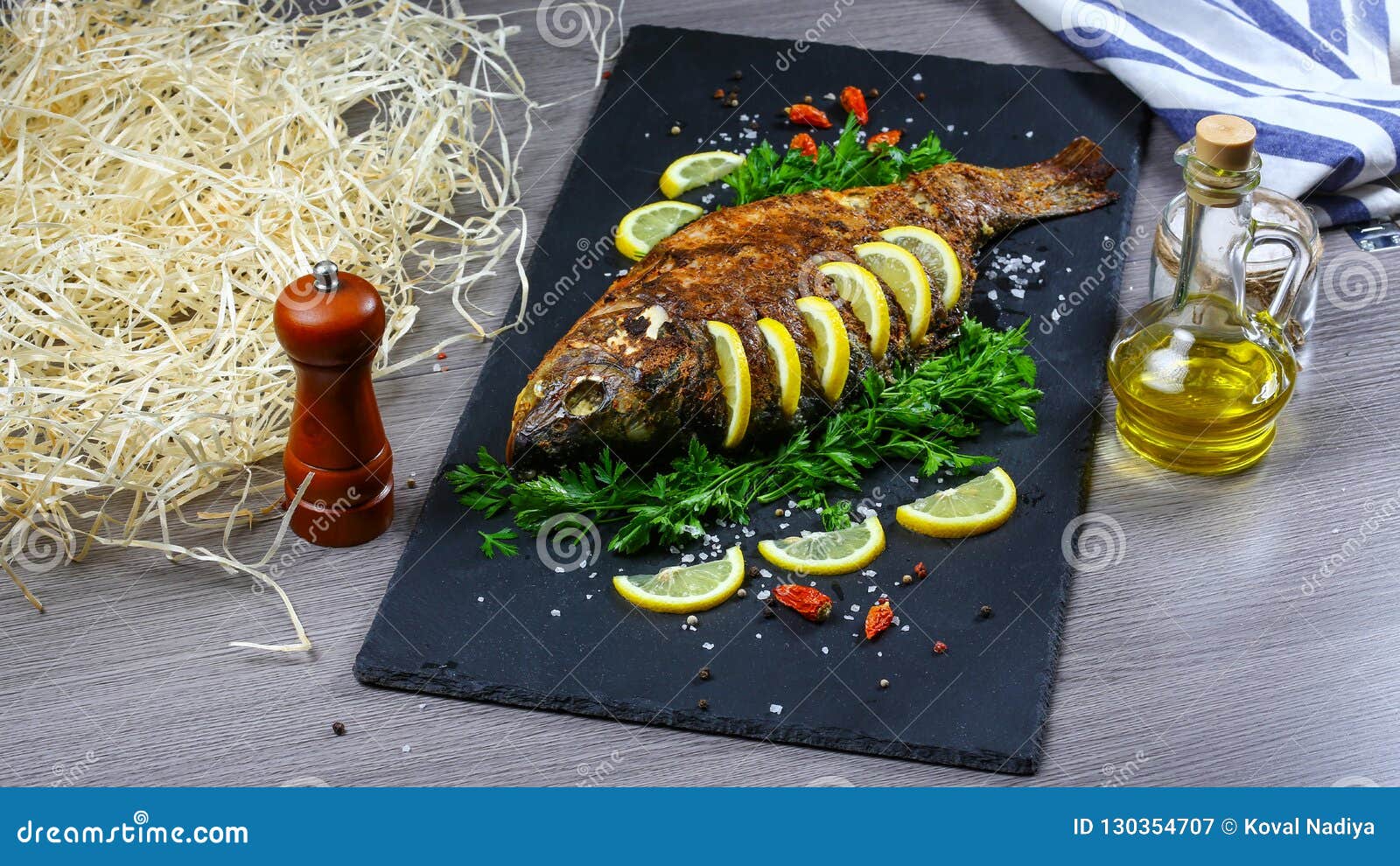 Whole Roasted Carp on Slate Plate with Text Area for Design Menu ...