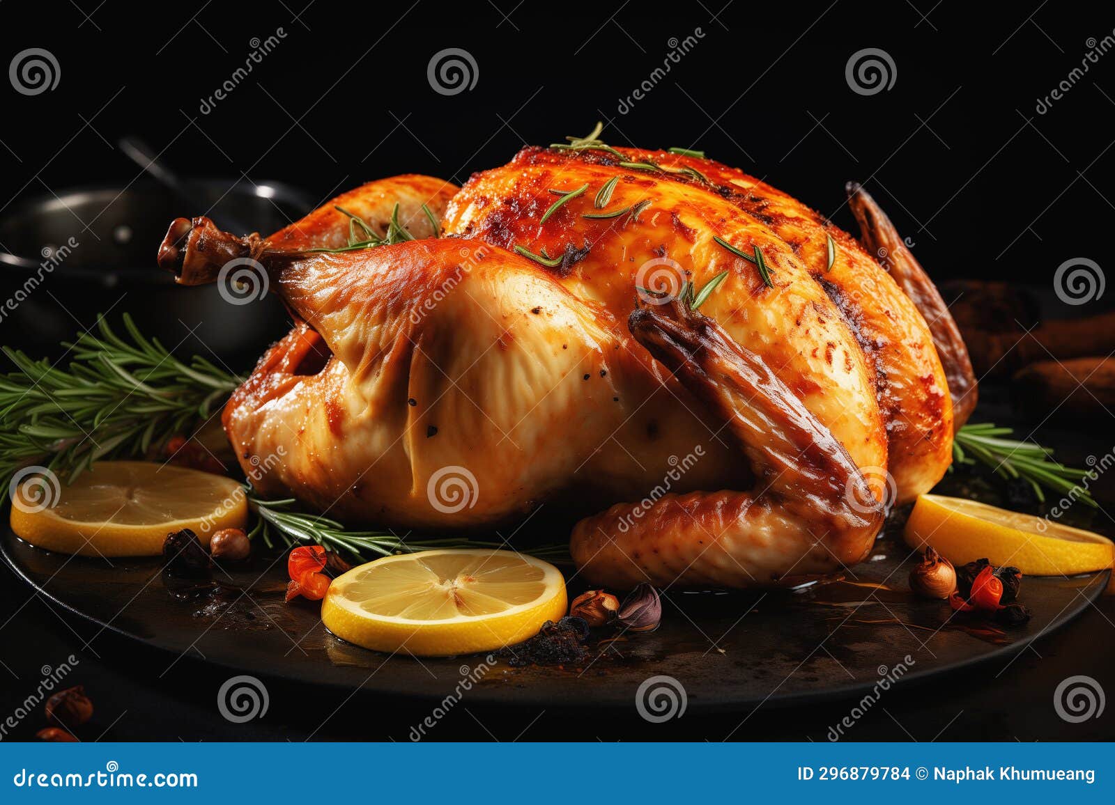 Whole Roasted Chicken on Dining Table. Grilled Chicken on Dish Stock ...