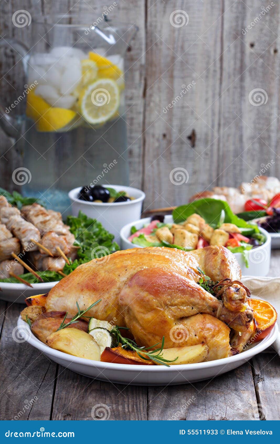 Whole Roasted Chicken on Dinner Table Stock Image - Image of brown ...