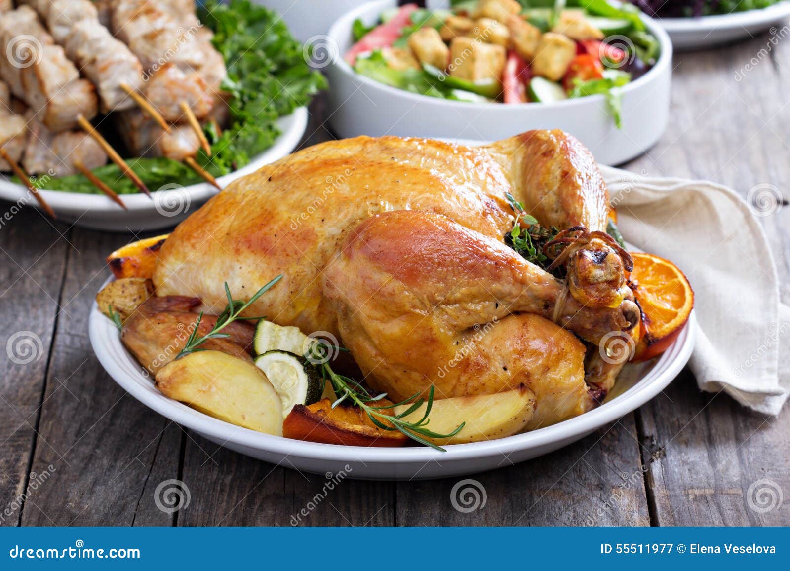 Whole Roasted Chicken on Dinner Table Stock Image - Image of lemon ...