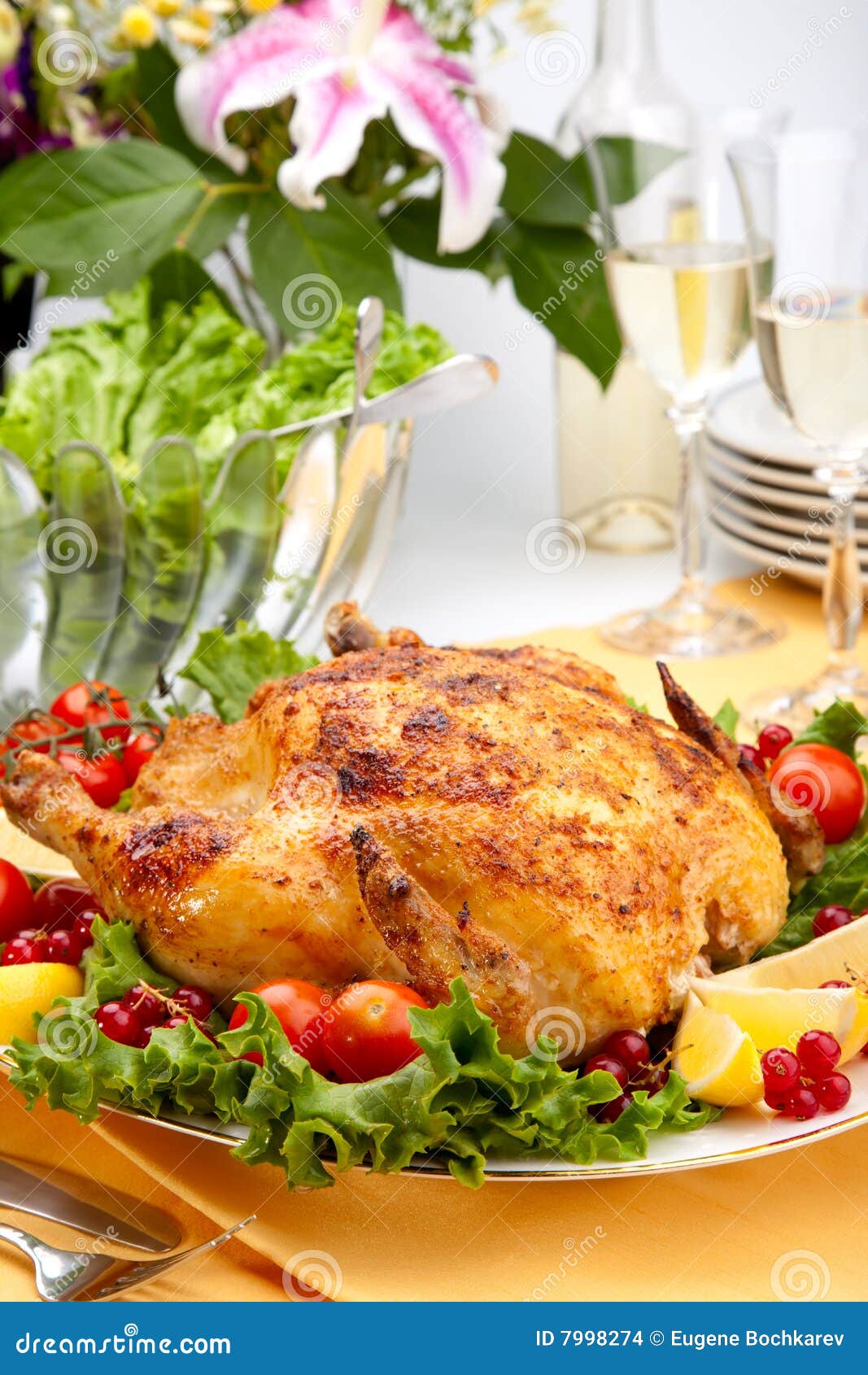 Whole Roasted Chicken on Table Stock Photo - Image of kitchen, meat ...