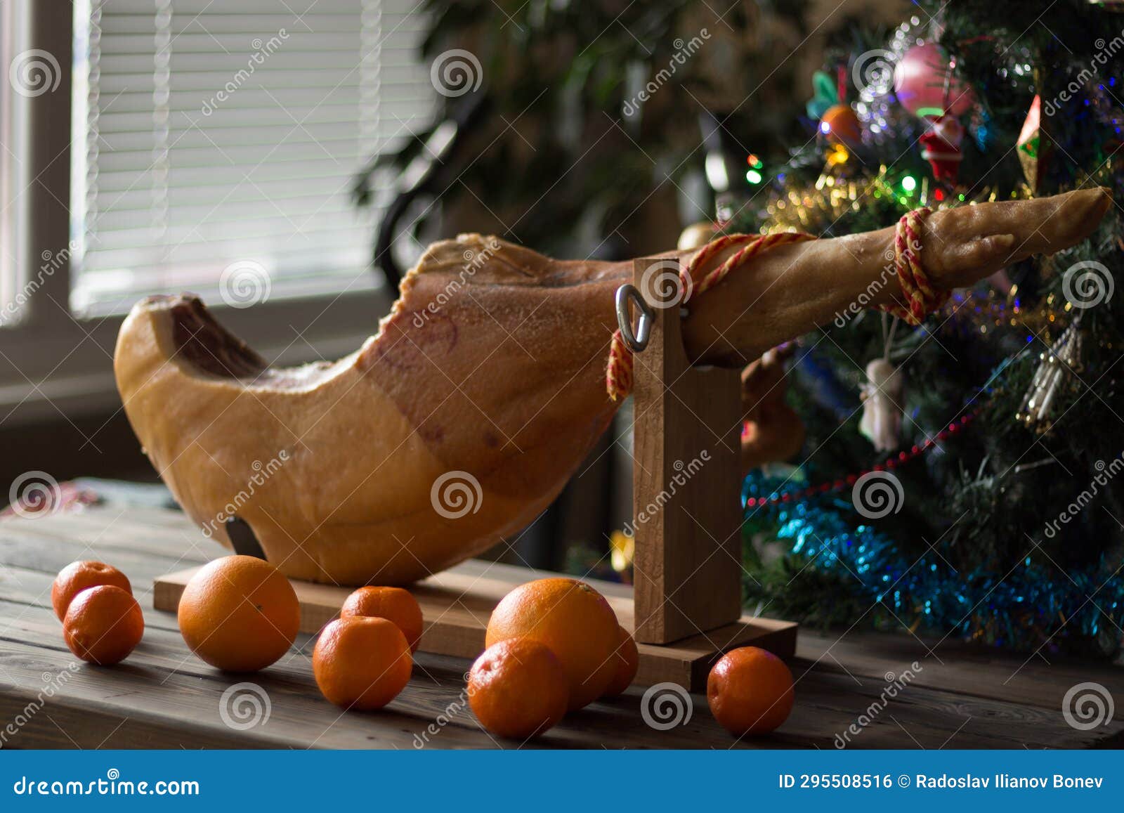 Whole Serrano Ham on a Christmas Tree Background Stock Photo - Image of ...