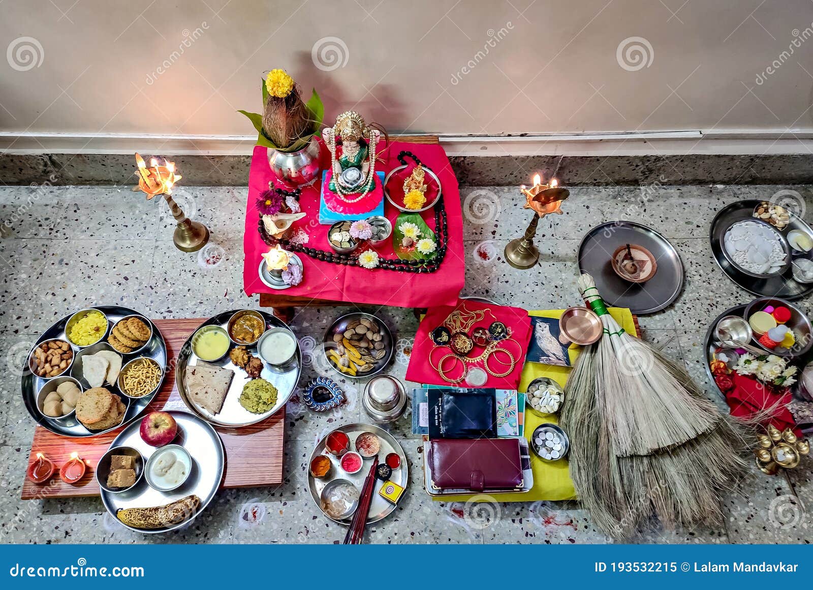 Whole Set of Hindu Pooja Articles Arranged before Performing Goddess ...