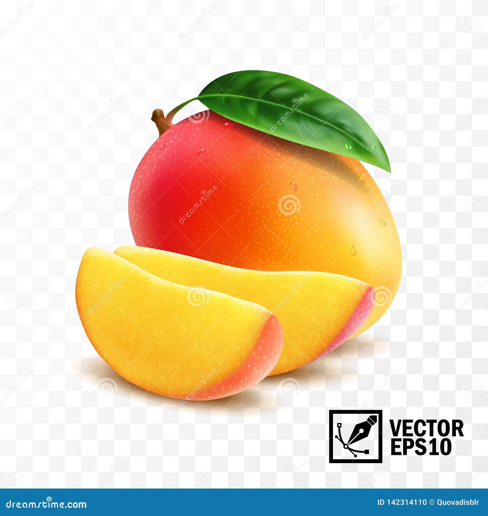 Whole and Slice Mango Fruit with Leaf, 3D Realistic Isolated Vector ...