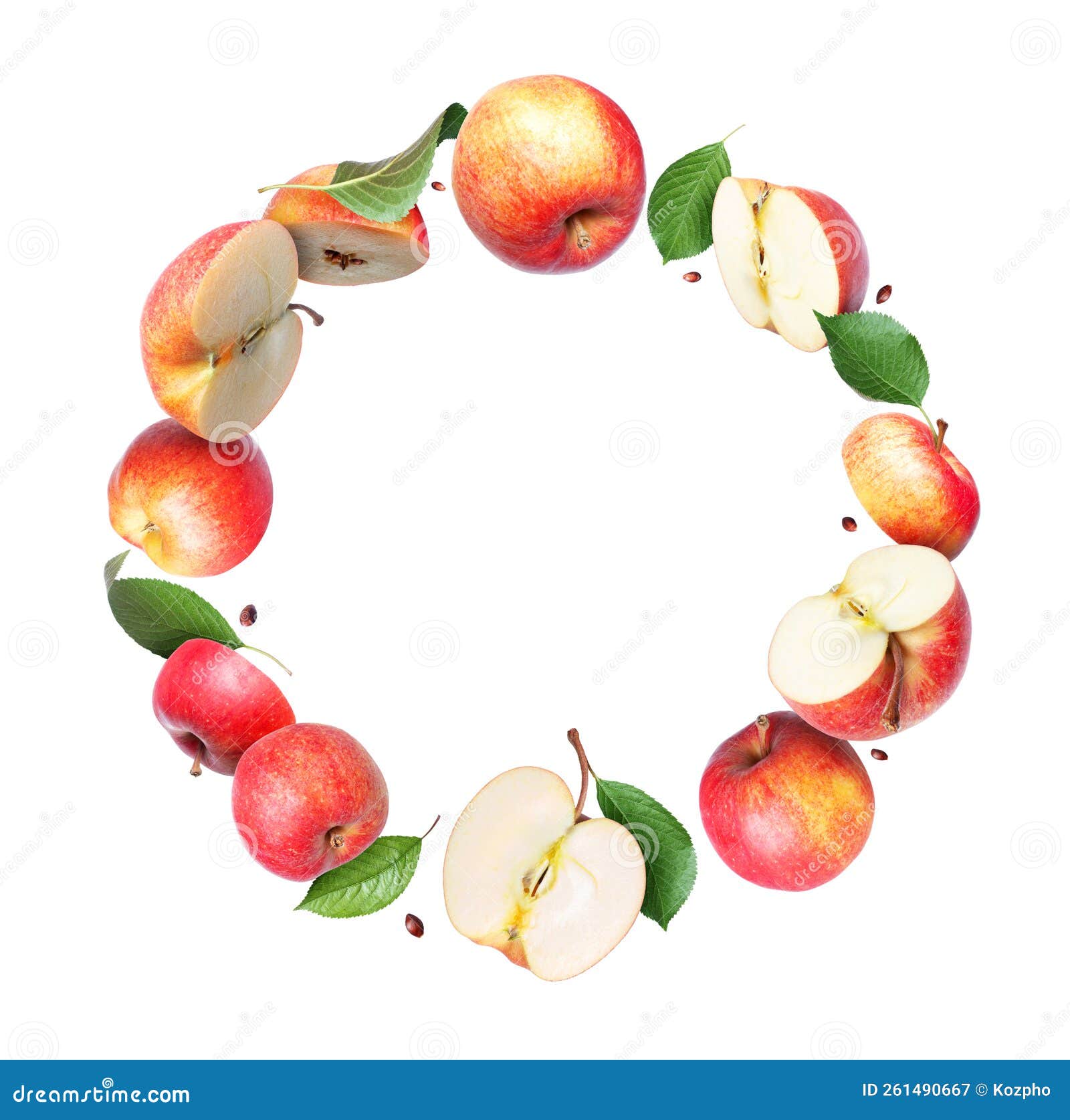 Whole and Sliced Apples with Green Leaves Arranged in a Circle Stock ...