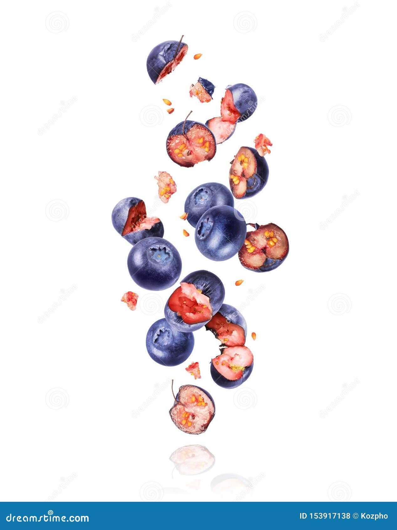 Whole and Sliced Fresh Blueberries in the Air Isolated on White ...