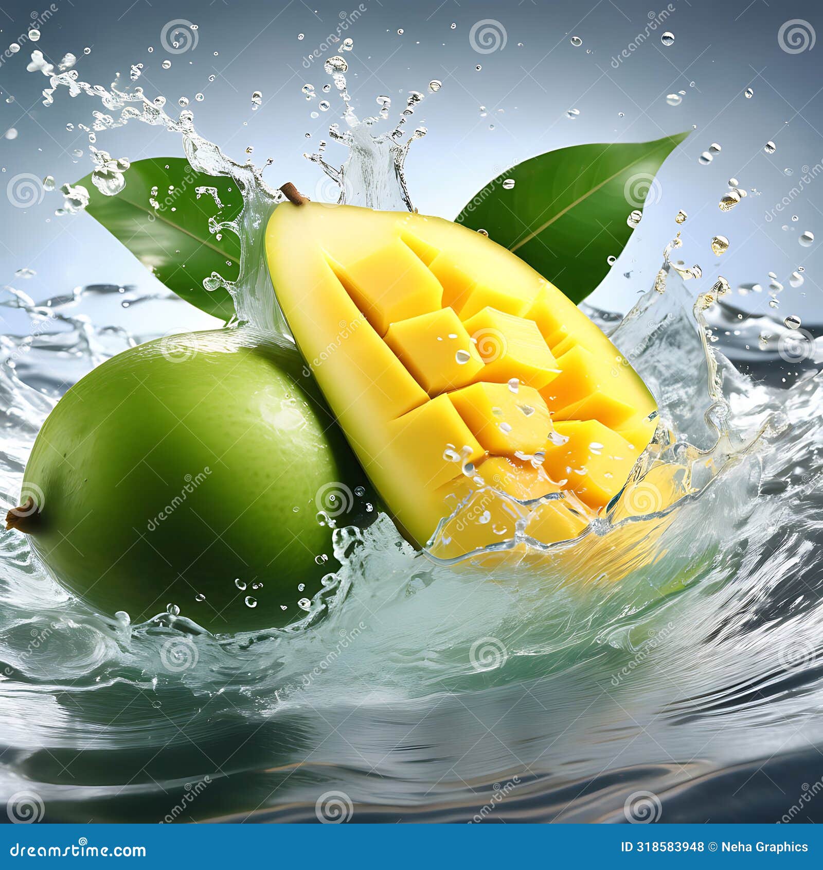 A Whole and Sliced Ripe Mango in Water Splash, Ai Generated. Stock ...