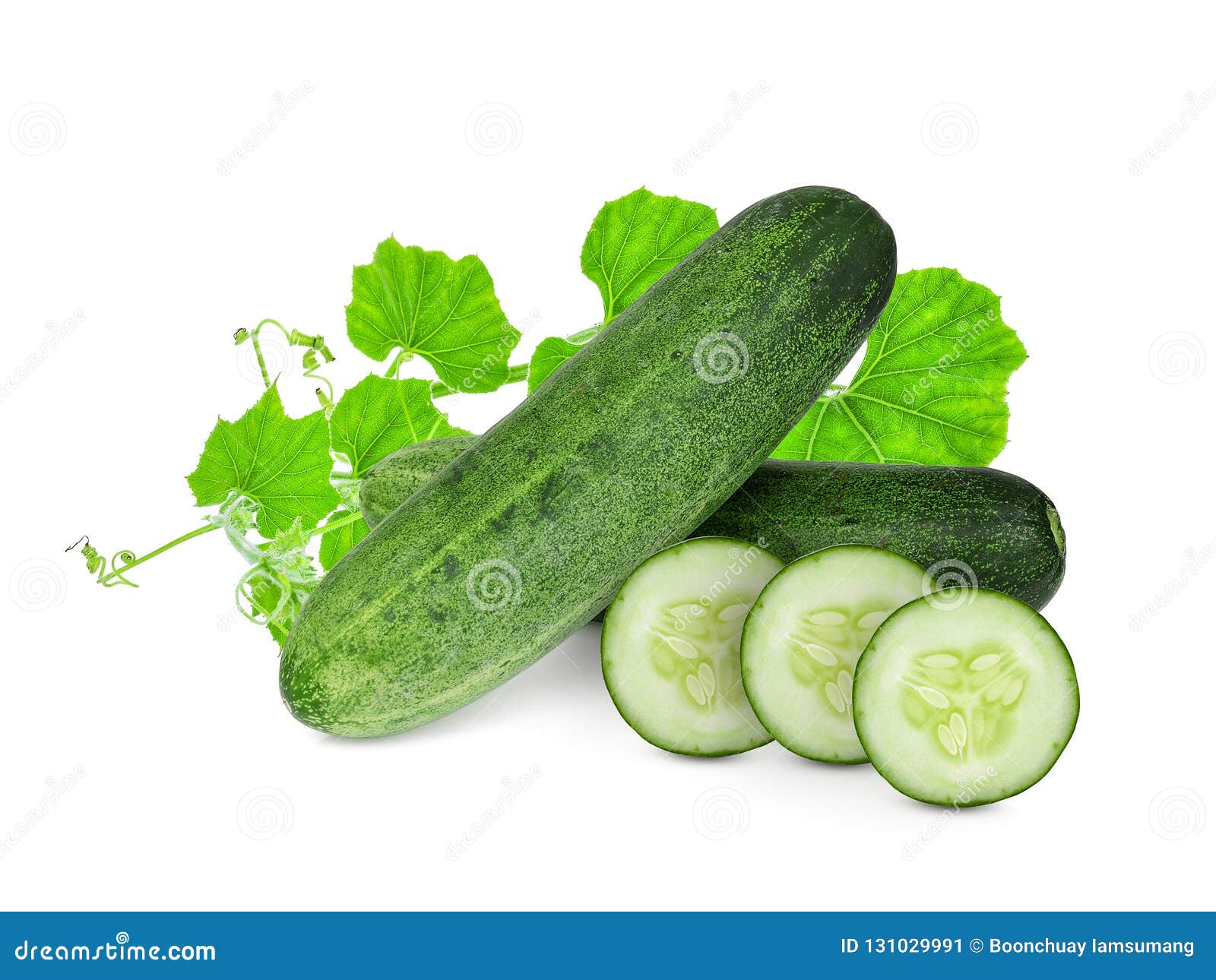 Whole and Slices Cucumber with Green Leaf Isolated on White Stock Image ...
