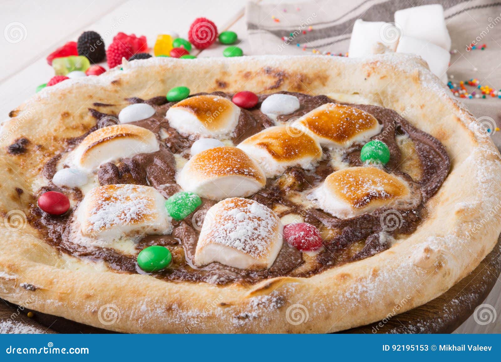 Whole sweet pizza stock image. Image of plate, yellow - 92195153