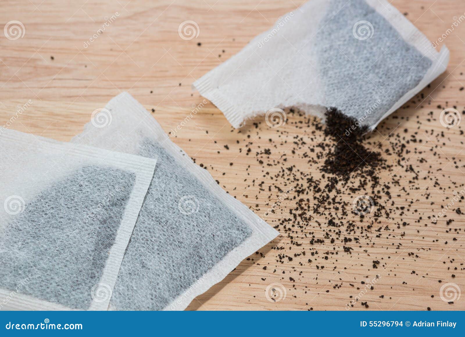 Whole & Torn Tea Bags on Wood Surface Stock Photo - Image of grey ...