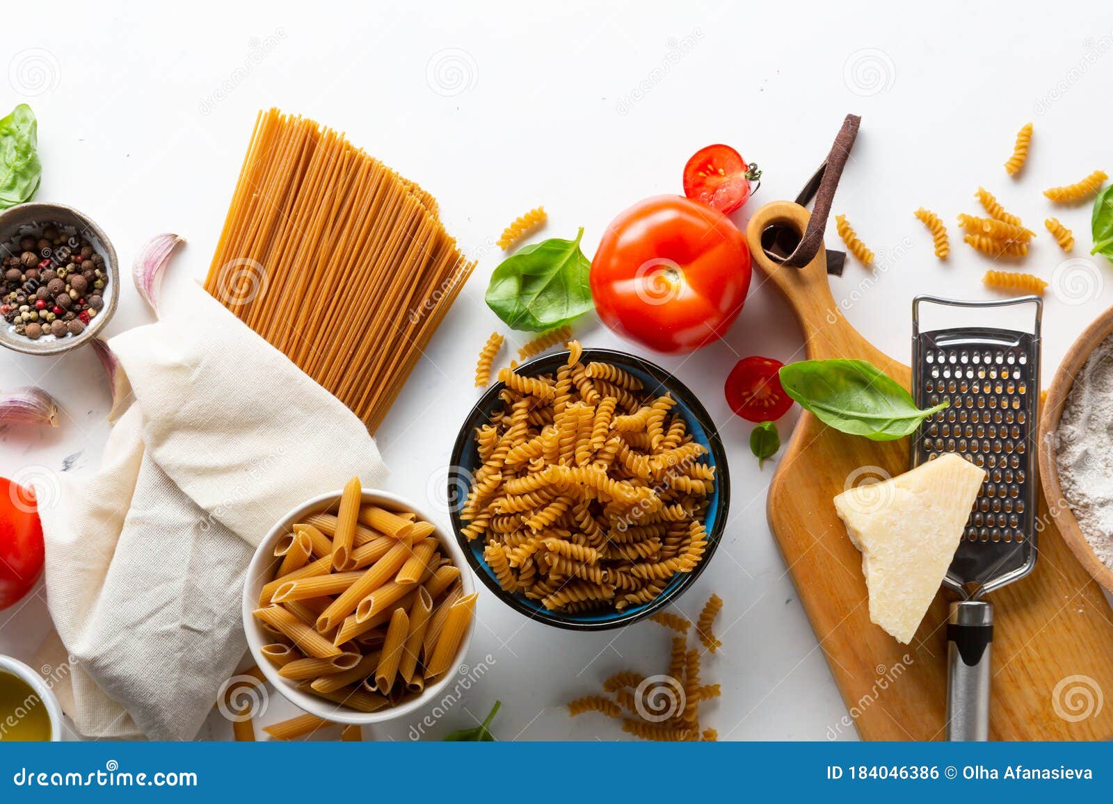 Whole Wheat Italian Pasta Overhead View on Light Surface Stock Photo ...