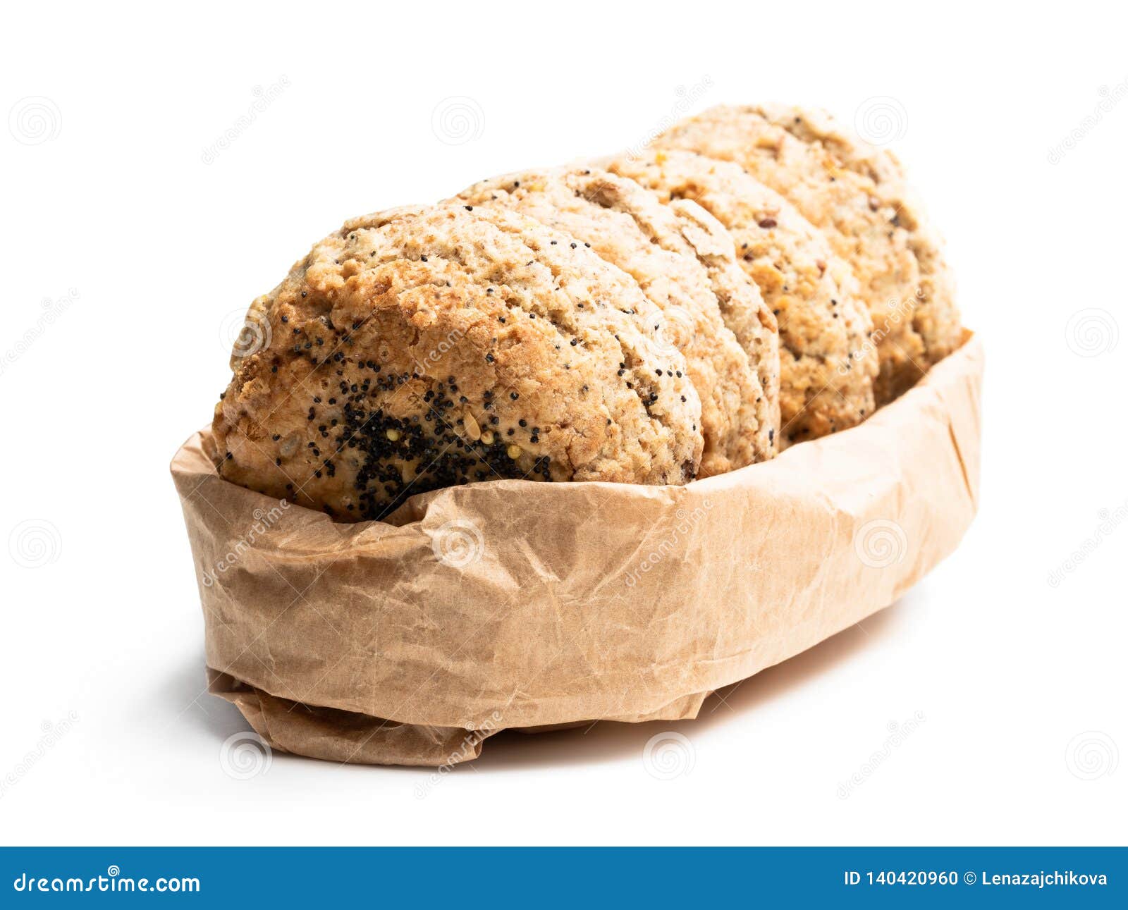 Wholemeal Seeded Scones on Paper Bag Isolated on White Stock Photo ...