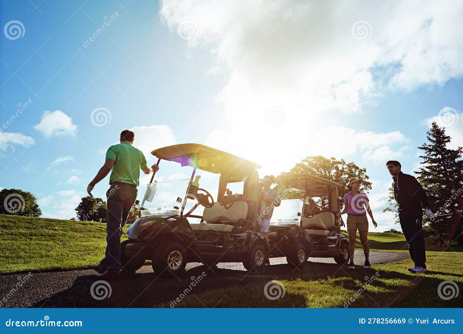 Whos Up First. Friends Playing a Round of Golf on a Fairway. Stock ...