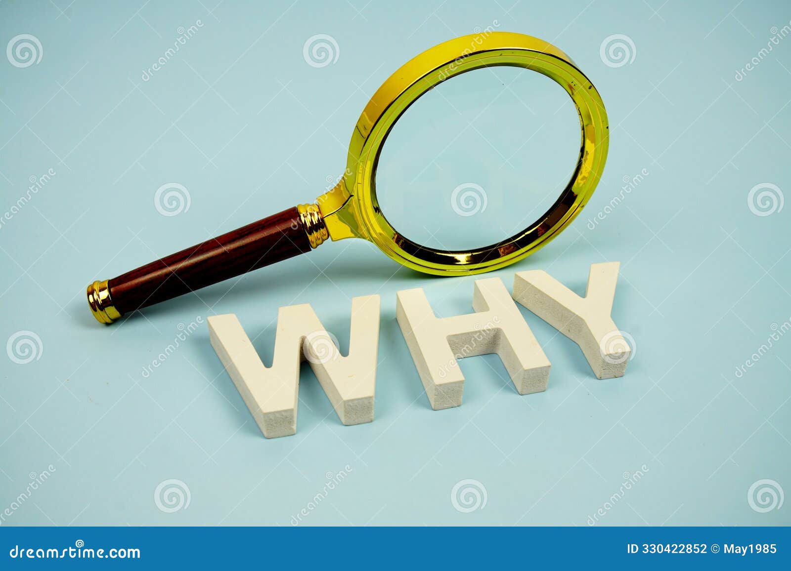 Why? Word with Magnifying Glass on Blue Background Stock Photo - Image ...