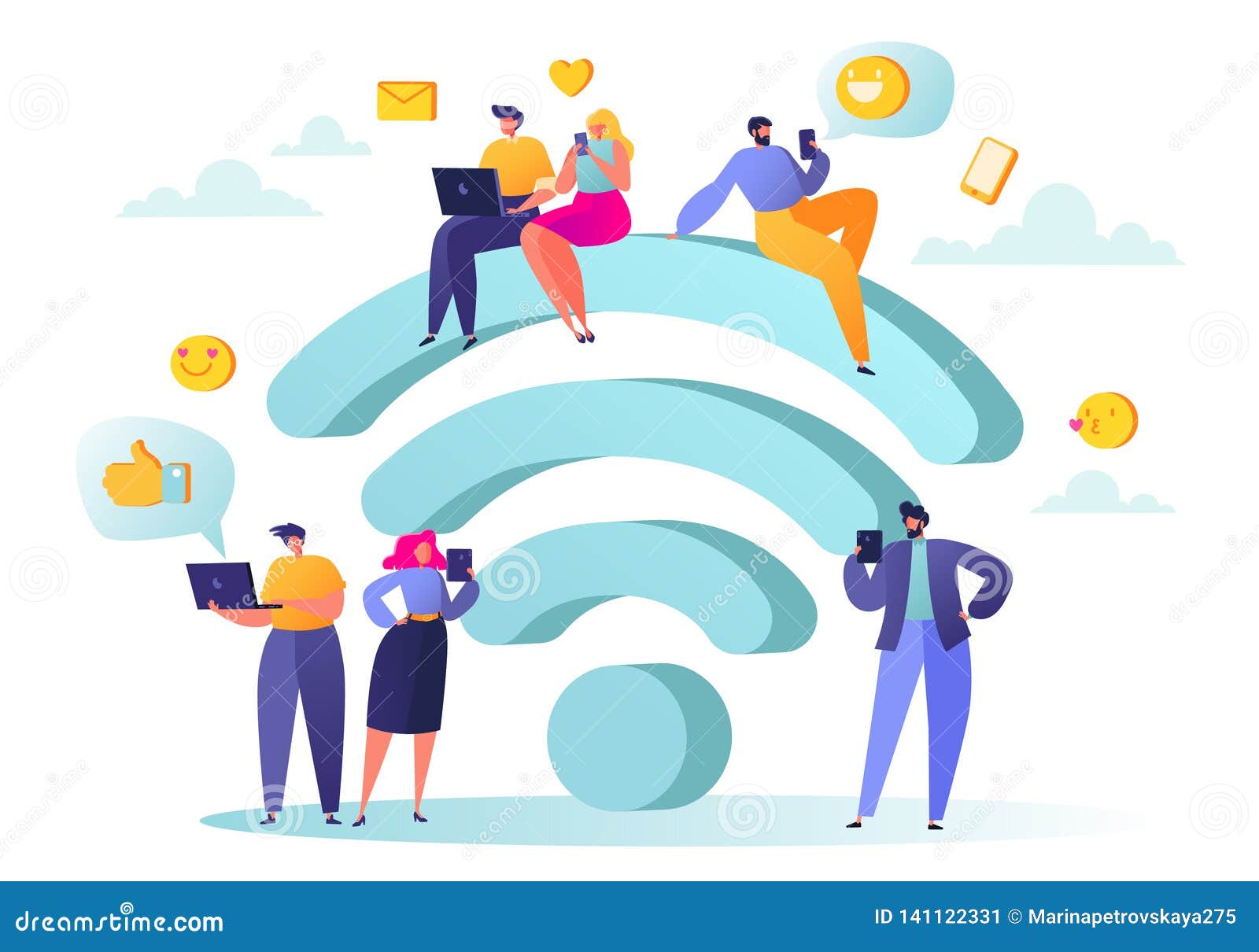 Wi-fi Connection. People Gathered Near a Big Symbol Wi-Fi Stock Vector ...
