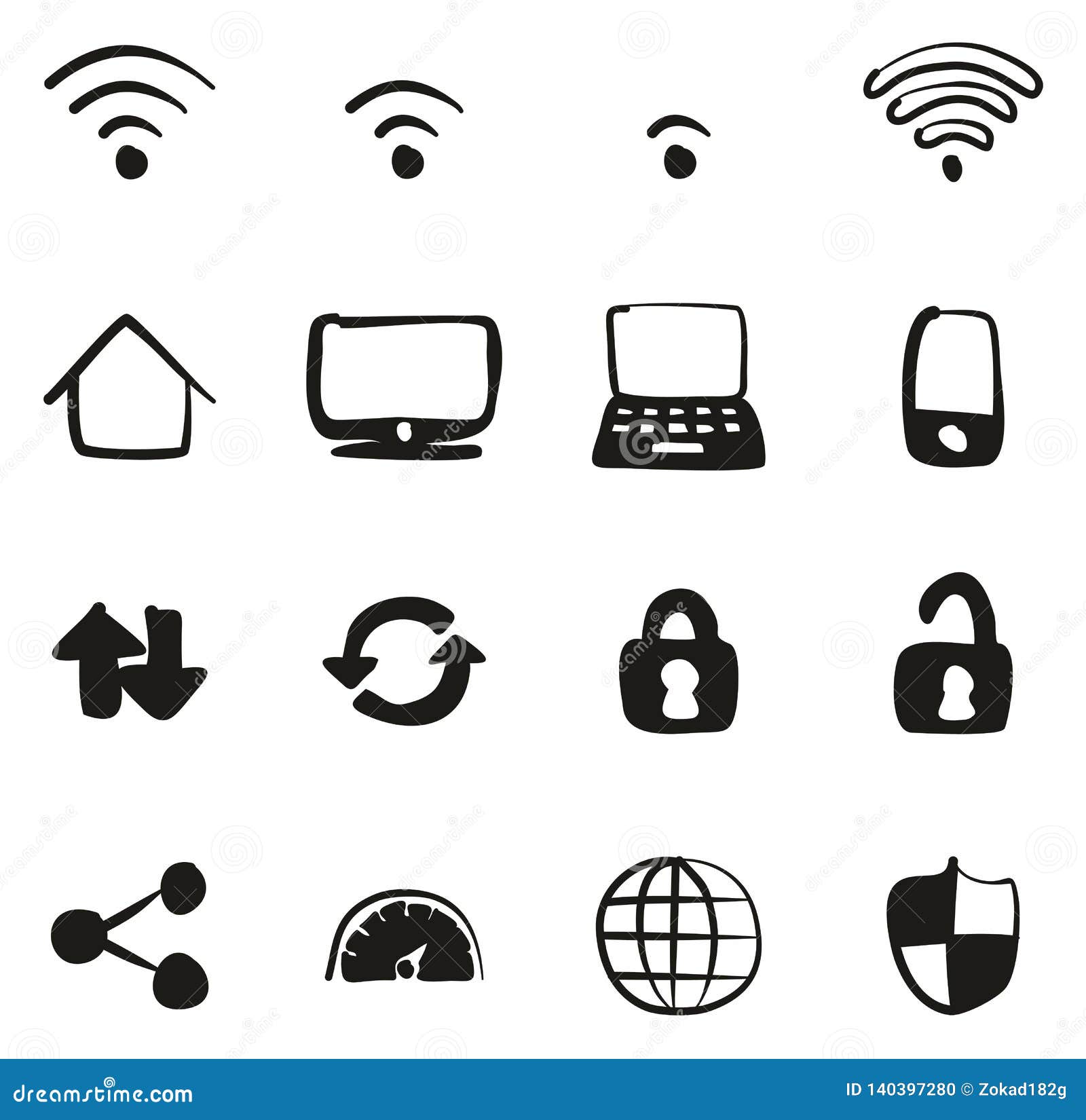 Wi Fi Connection Icons Freehand Fill Stock Vector - Illustration of ...