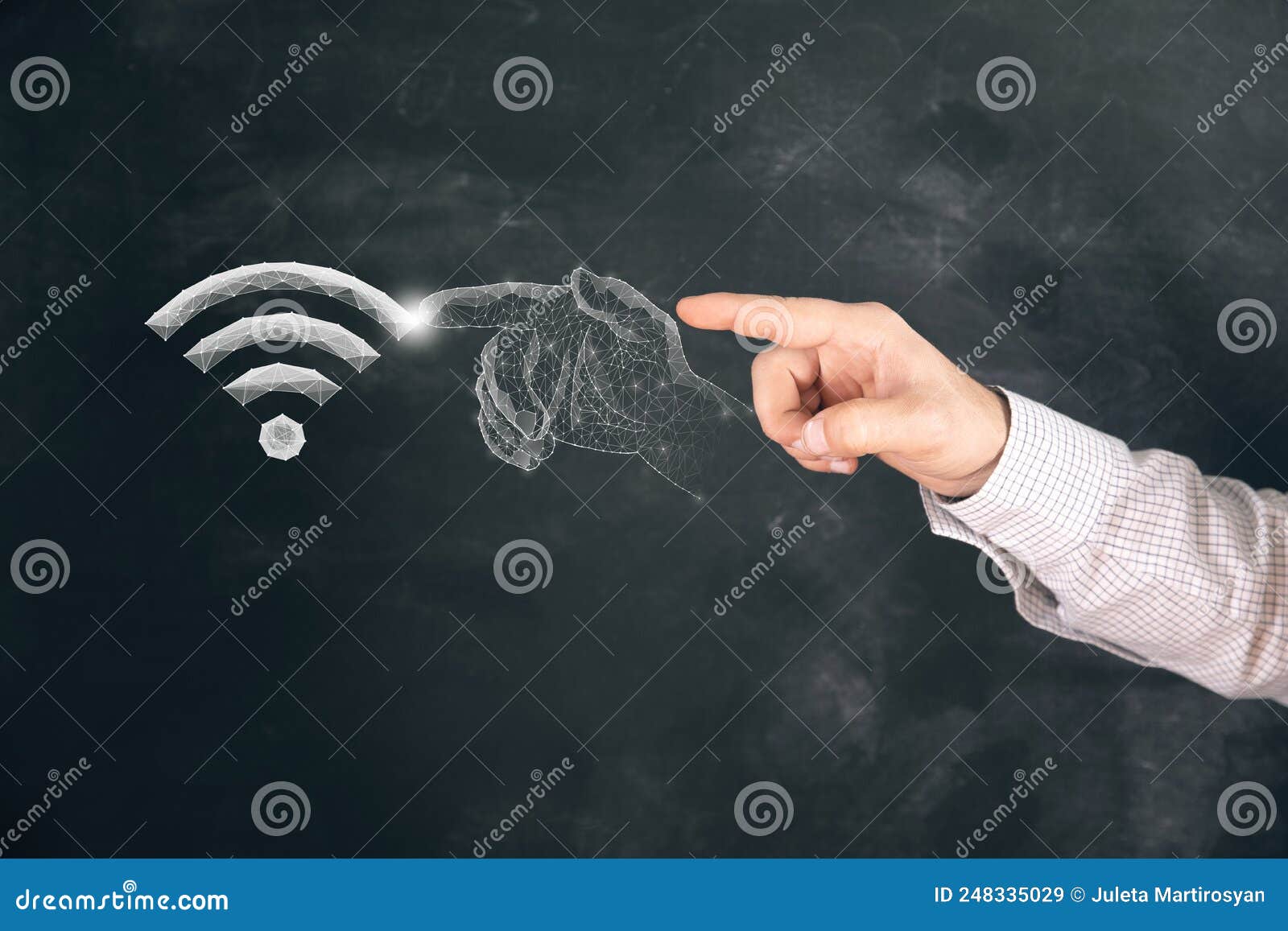 Wi-Fi and Hands from the Network. Man Tapping on the Screen Stock Image ...