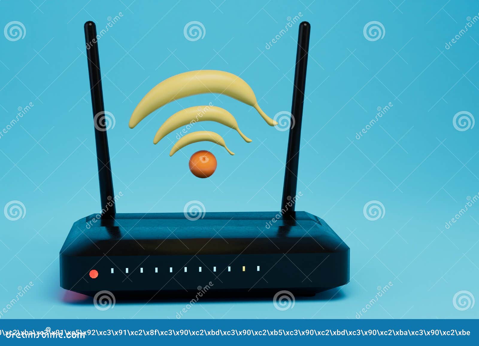 Wi-Fi Router and Wi-Fi Icon Consisting of Bananas and Orange. 3D Render ...