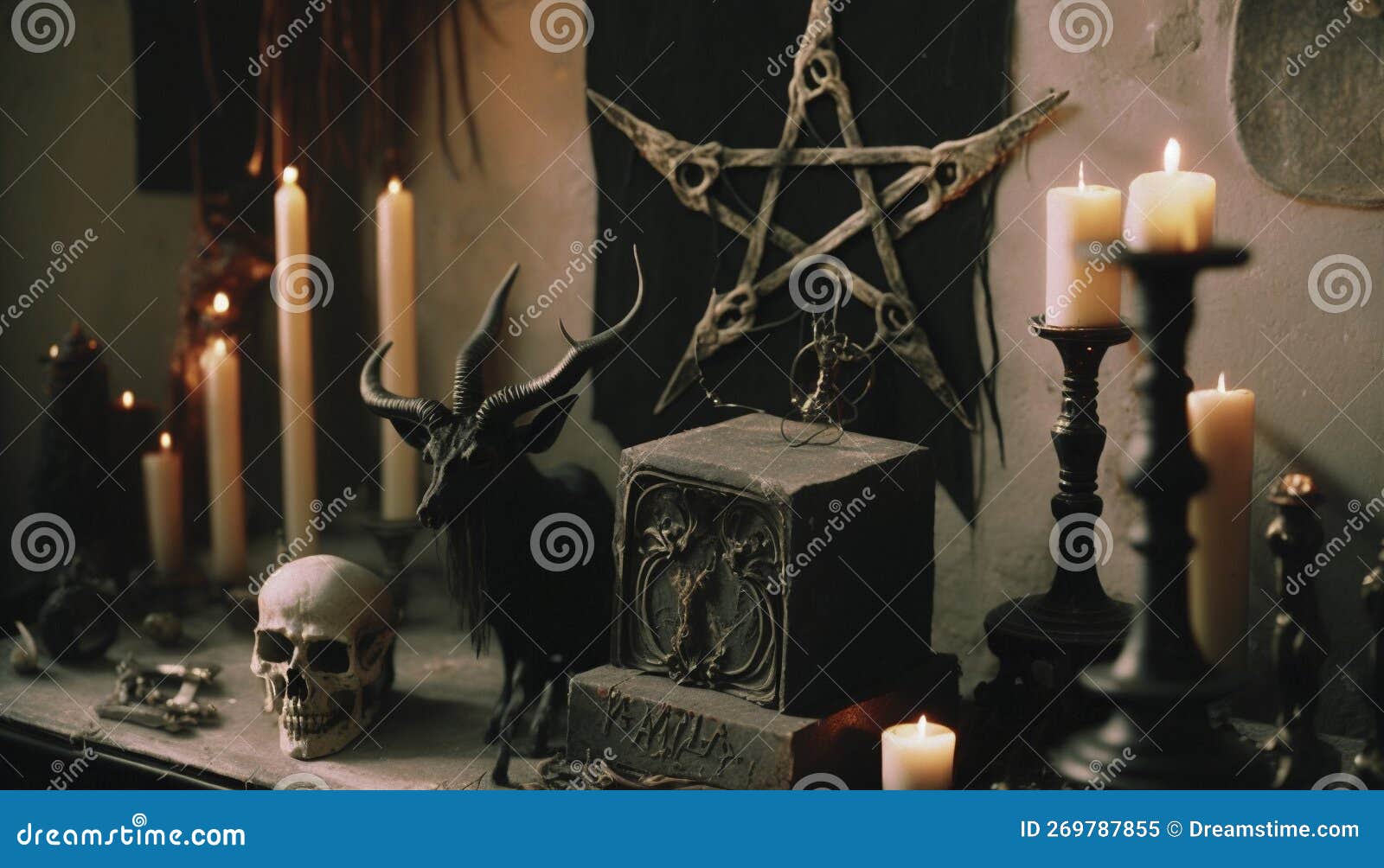 Wiccan Altar with Magical Components, Wicker Pentacle and Cauldron. Ai ...