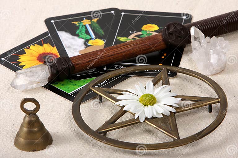 Wiccan Objects and Tarot Cards Stock Photo - Image of meanings, bell ...