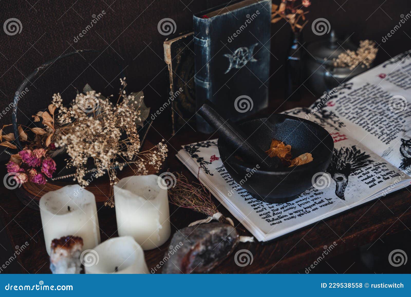 Wiccan Witch Altar Prepared for Casting a Spell with an Open Book of ...
