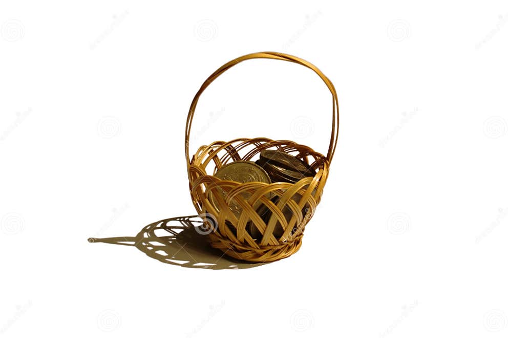 Wicker basket with coins stock image. Image of basket - 88694573