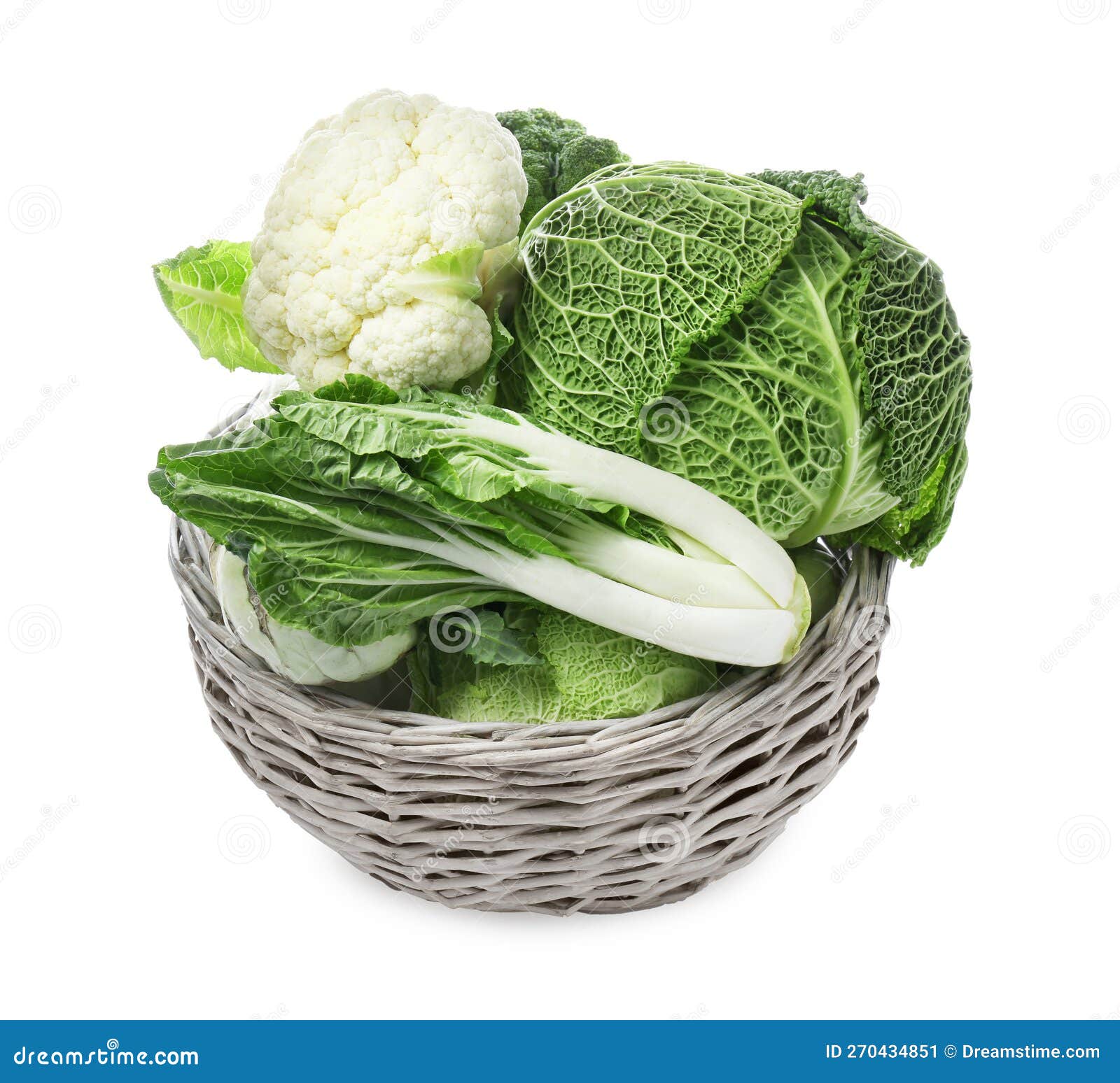 Wicker Basket with Different Types of Fresh Cabbage on White Background ...