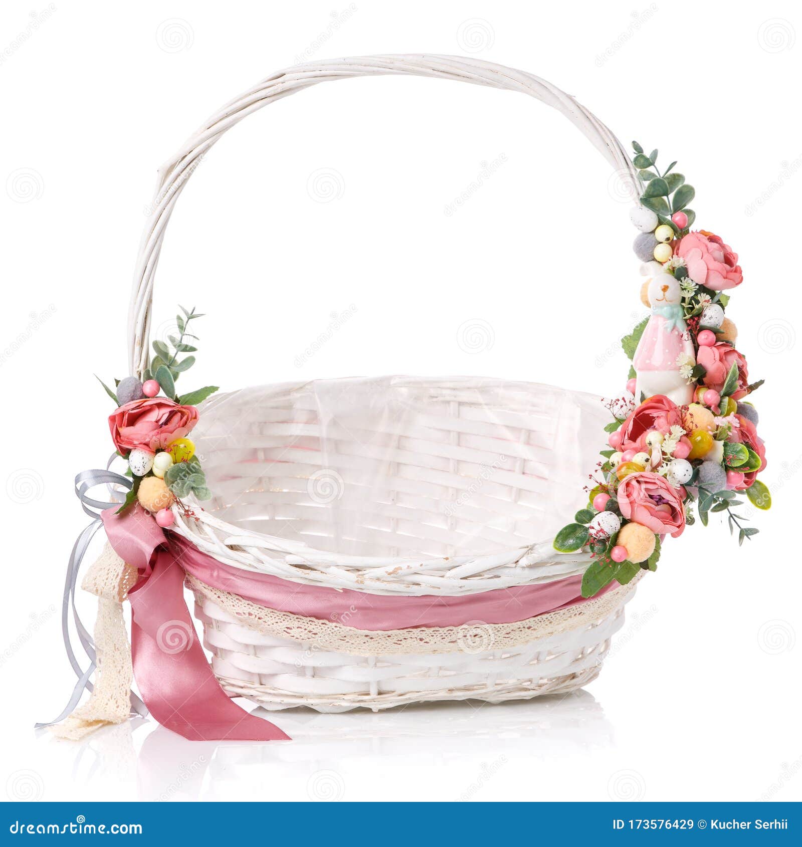 Wicker Basket with Floral Decor and Ribbons on White Background ...