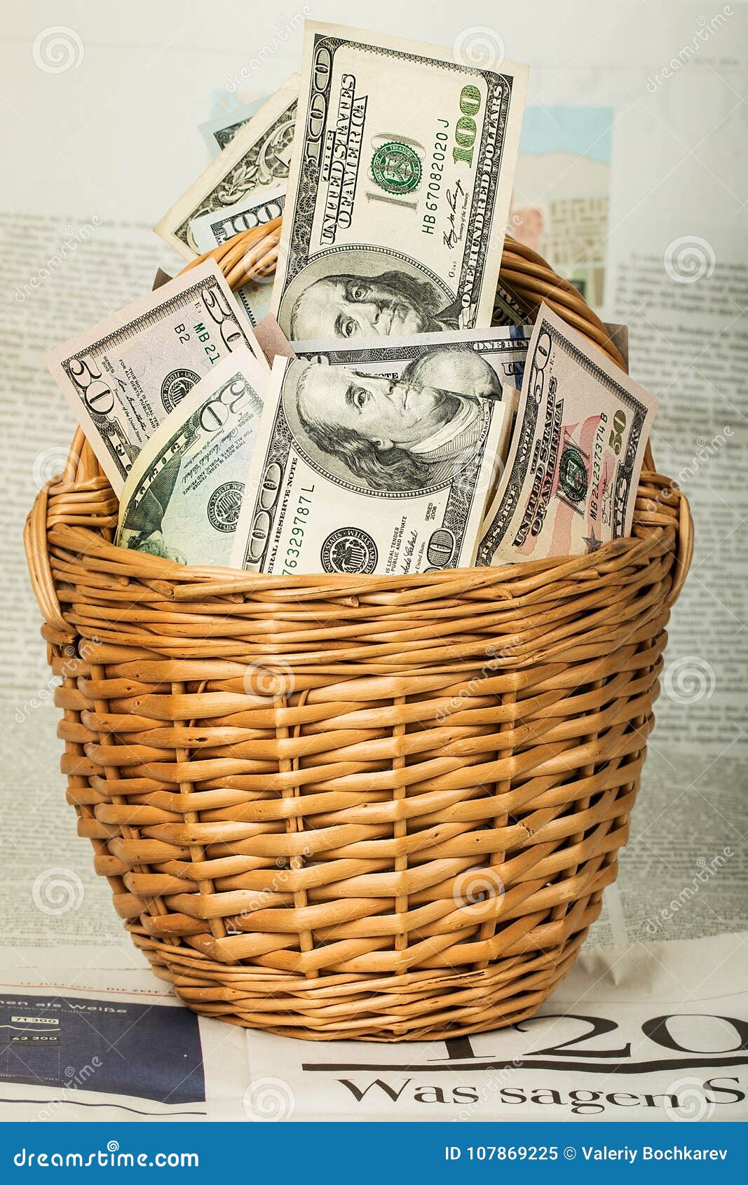A Wicker Basket Full of Money Over Table Stock Image - Image of banking ...