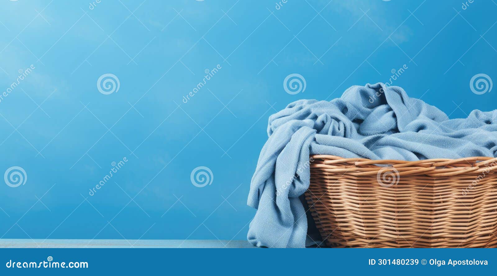 Wicker Basket with Laundry on Blue Background. Copy Space for Text ...