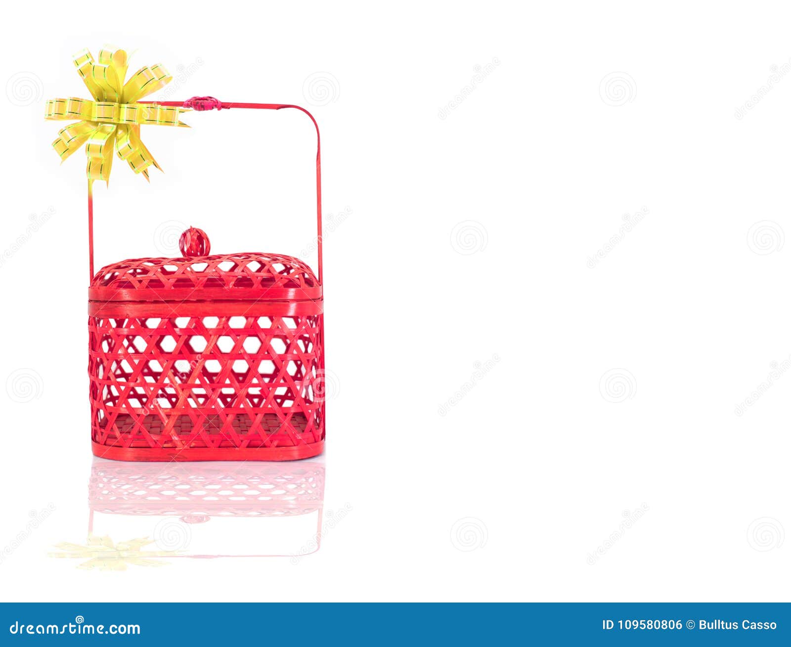 Wicker Basket Red with Gold Ribbon Isolated Stock Photo - Image of ...